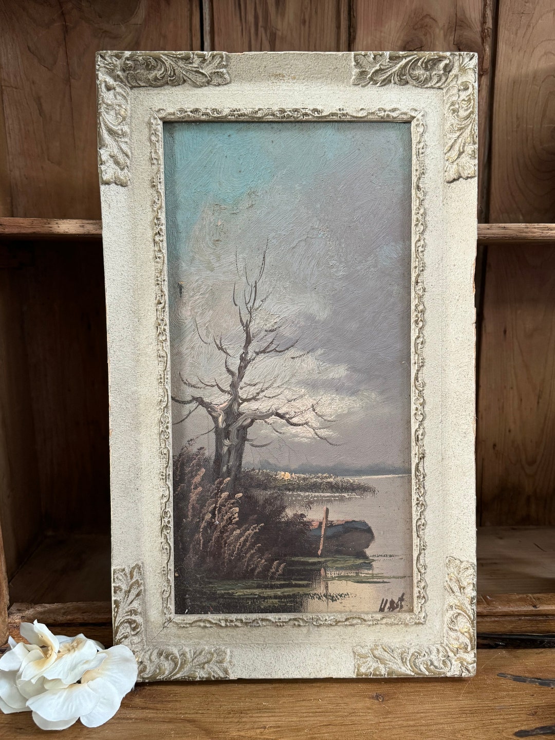 Vintage Original Signed Waterscape Painting on Canvas in Ornate Wooden ...