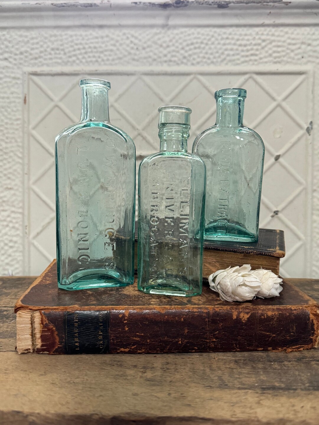 Set of Three Antique Aqua-colored English Bottles, Apothecary Bottle ...