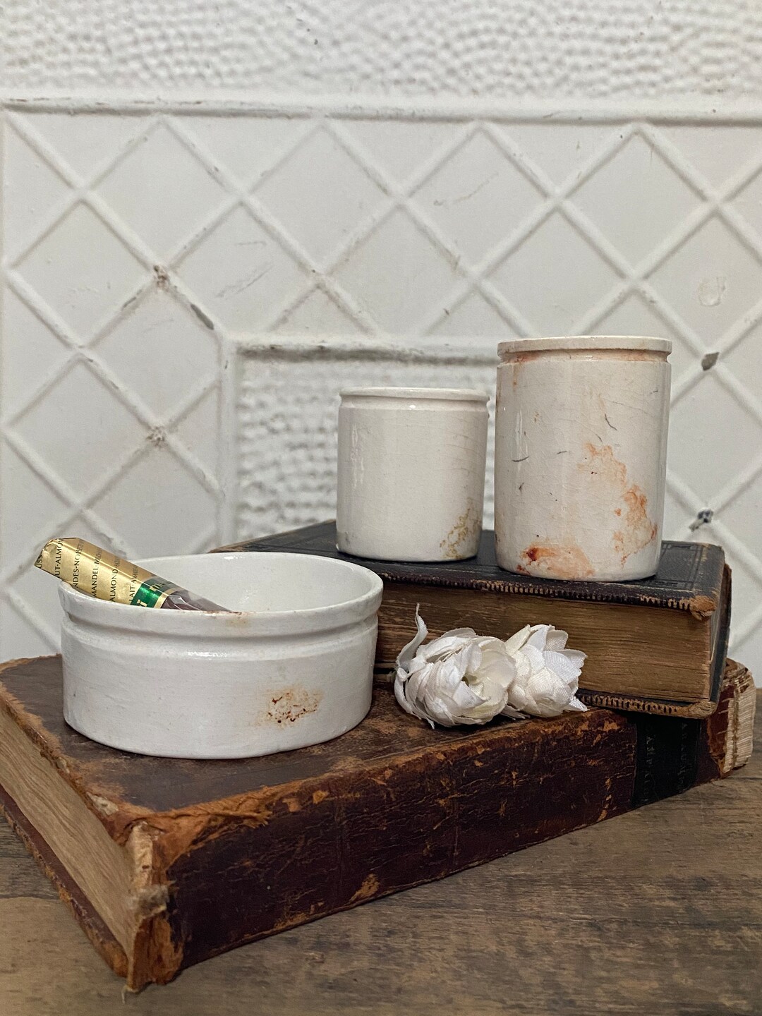 Trio of Plain White Antique Meat Paste Ironstone Pots - Antique English ...