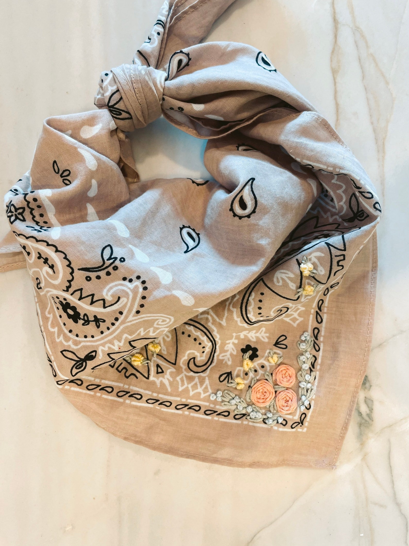 Tan/green/stone Blue/gray Bandana With Floral Embroidery | Floral ...