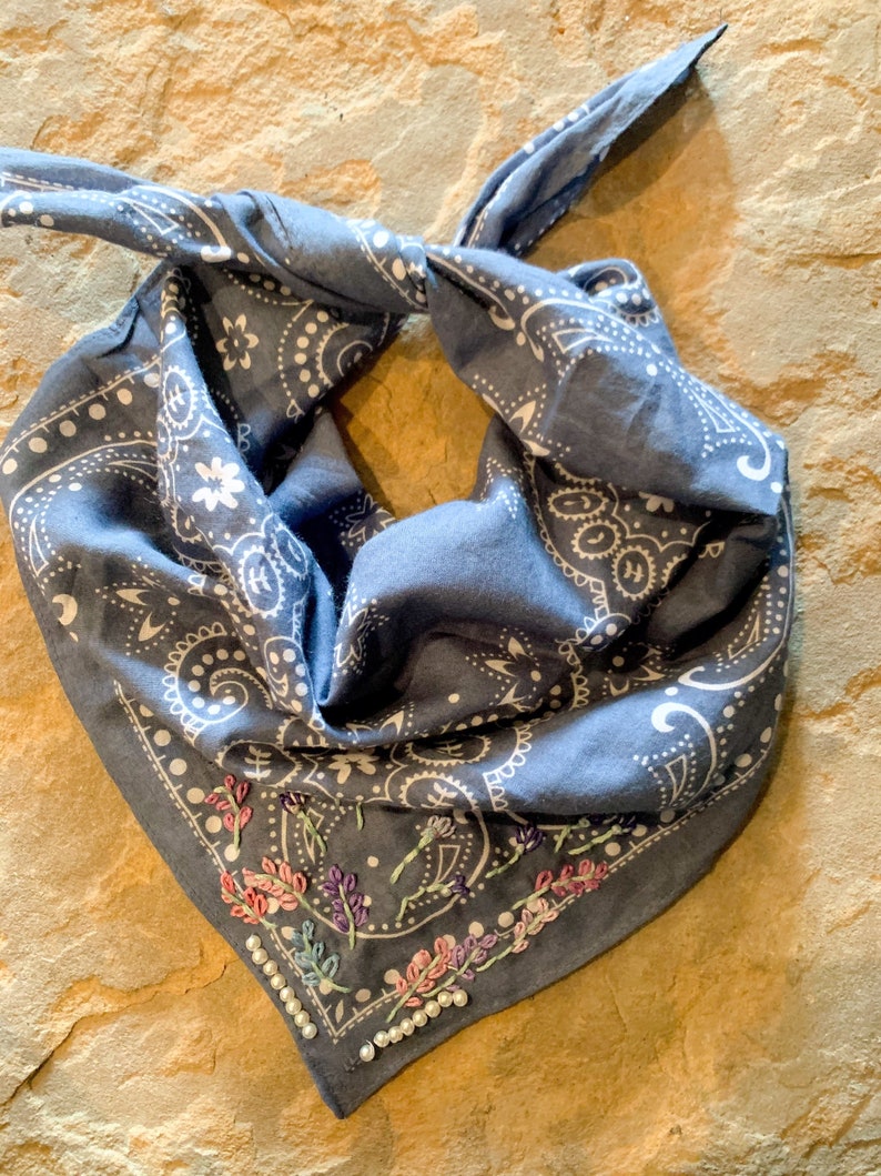 Embroidered Bandana With Flower Motifs and Pearls - Etsy