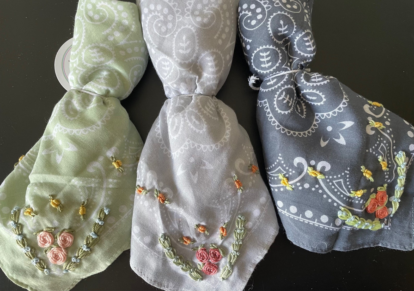 Tan/green/stone Blue/gray Bandana With Floral Embroidery - Etsy