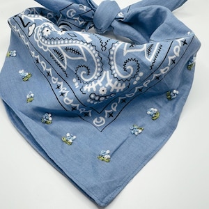 Embroidered Blue Bandana With Blue Flower Bunches Along Partial Corner ...