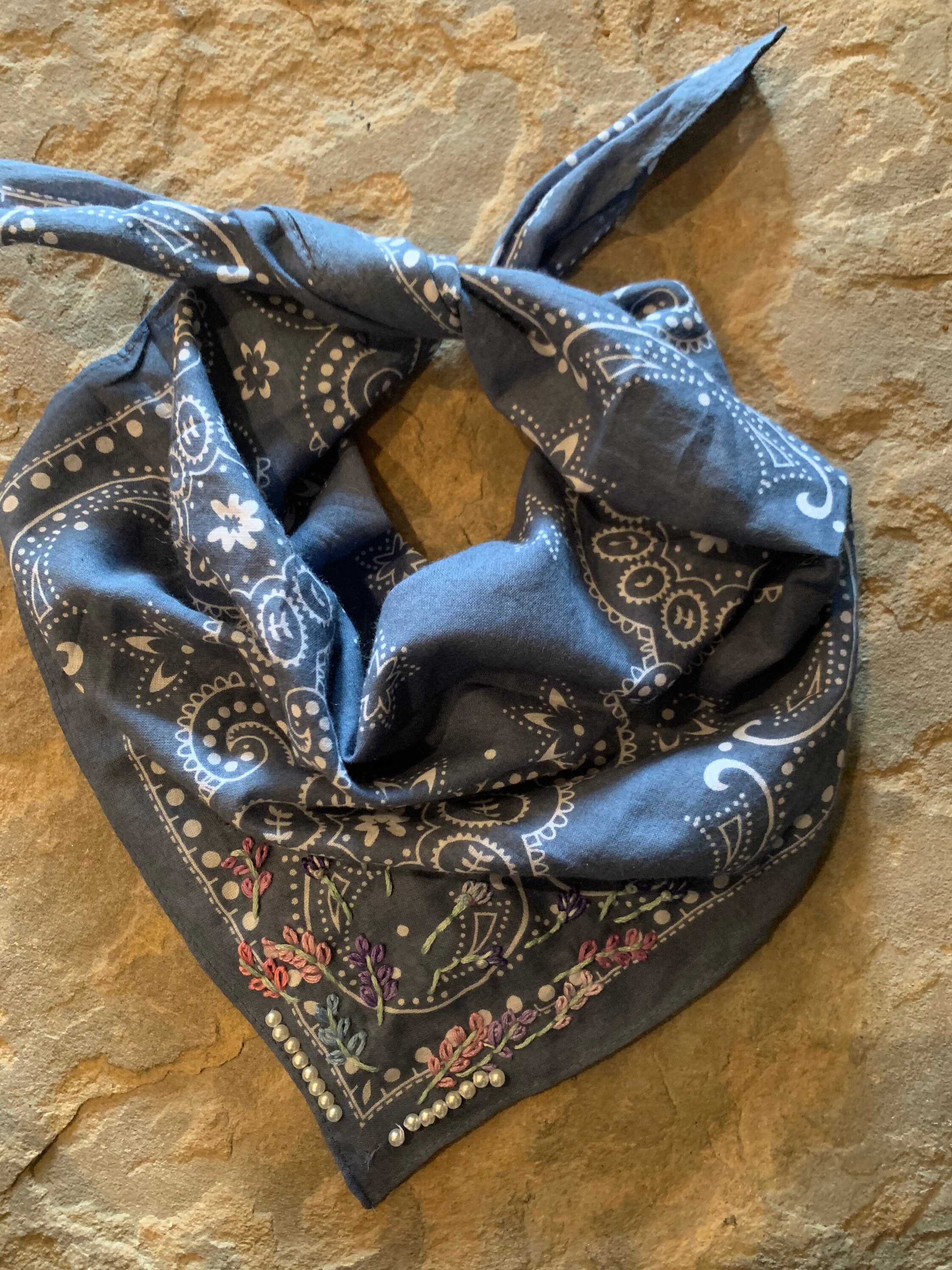 Embroidered Bandana With Flower Motifs and Pearls - Etsy