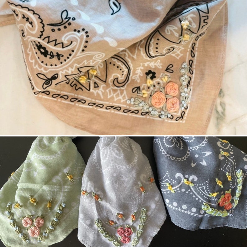 Tan/green/stone Blue/gray Bandana With Floral Embroidery - Etsy