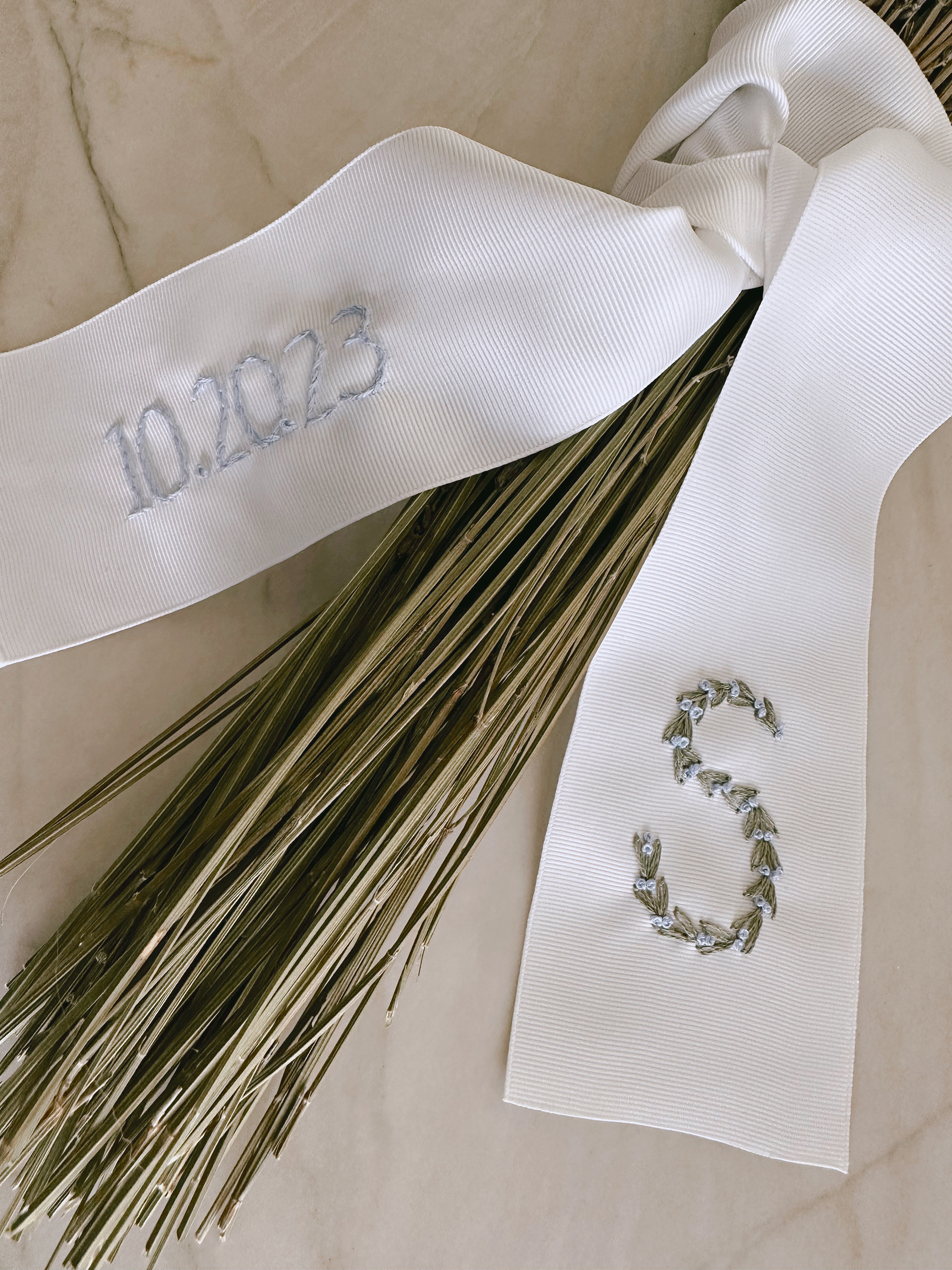 Custom Embroidered Floral Initial + Date Ribbon for Wedding Bouquet ...