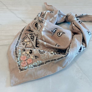 Tan/green/stone Blue/gray Bandana With Floral Embroidery | Floral ...