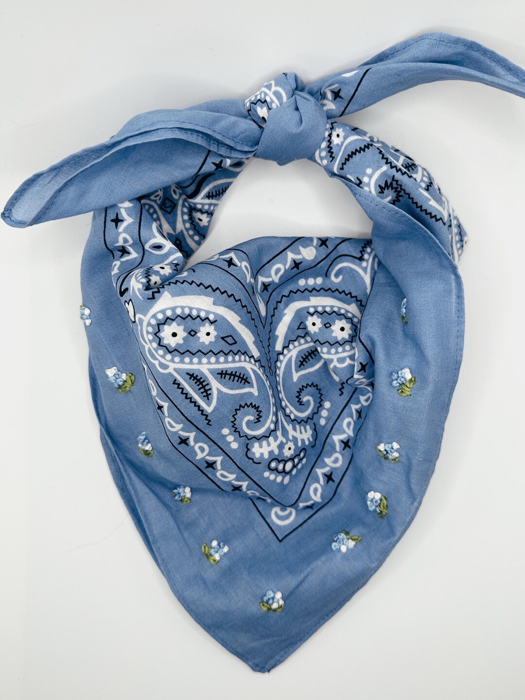 Embroidered Blue Bandana With Blue Flower Bunches Along Partial Corner ...