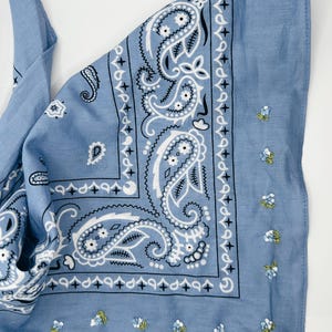 Embroidered Blue Bandana With Blue Flower Bunches Along Partial Corner ...