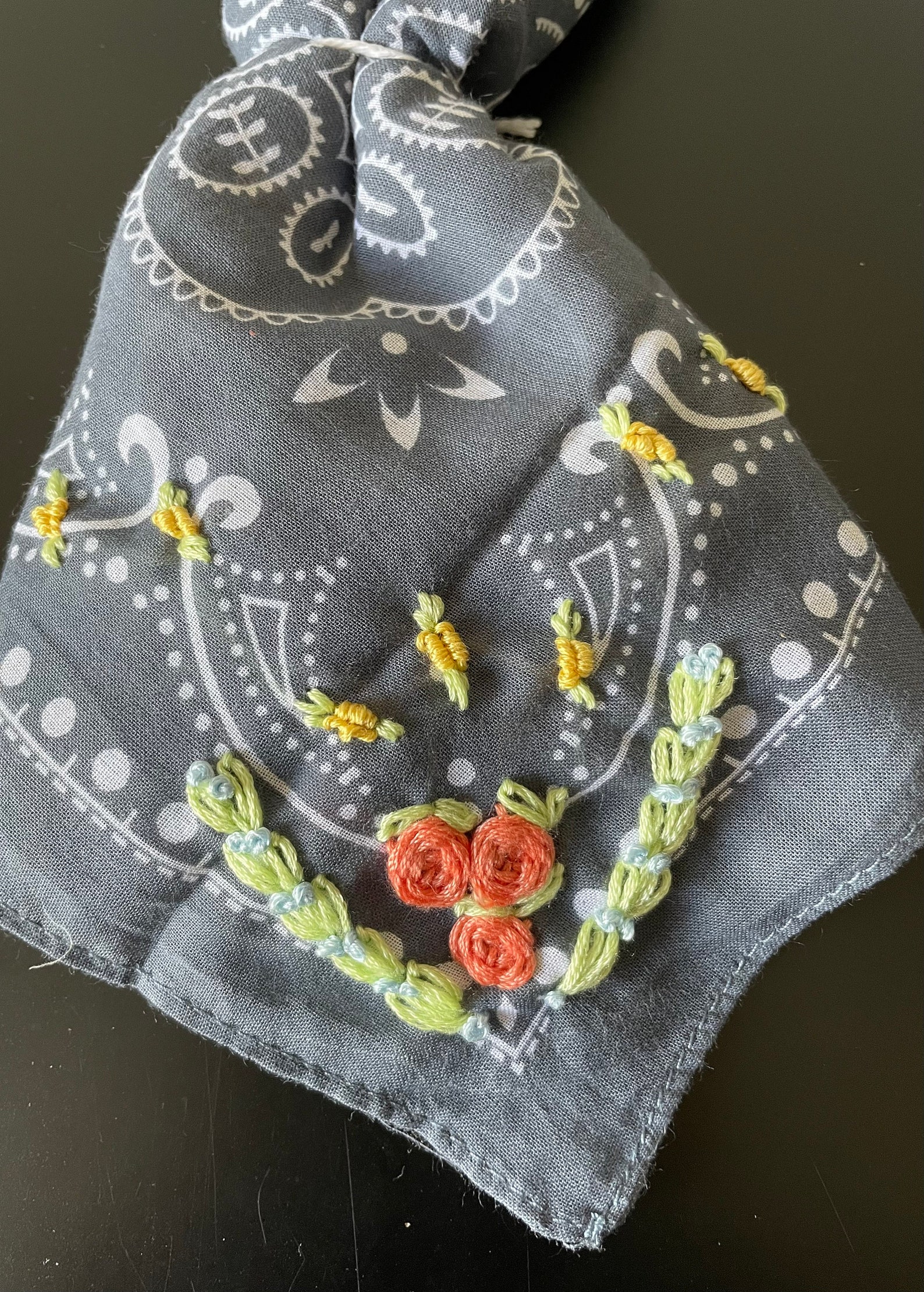 Tan/green/stone Blue/gray Bandana With Floral Embroidery - Etsy