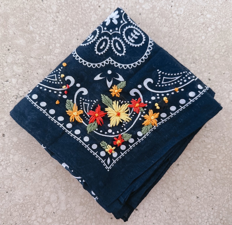 Embroidered Navy Bandana With Bright Flowers - Etsy