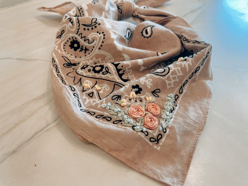 Tan/green/stone Blue/gray Bandana With Floral Embroidery - Etsy