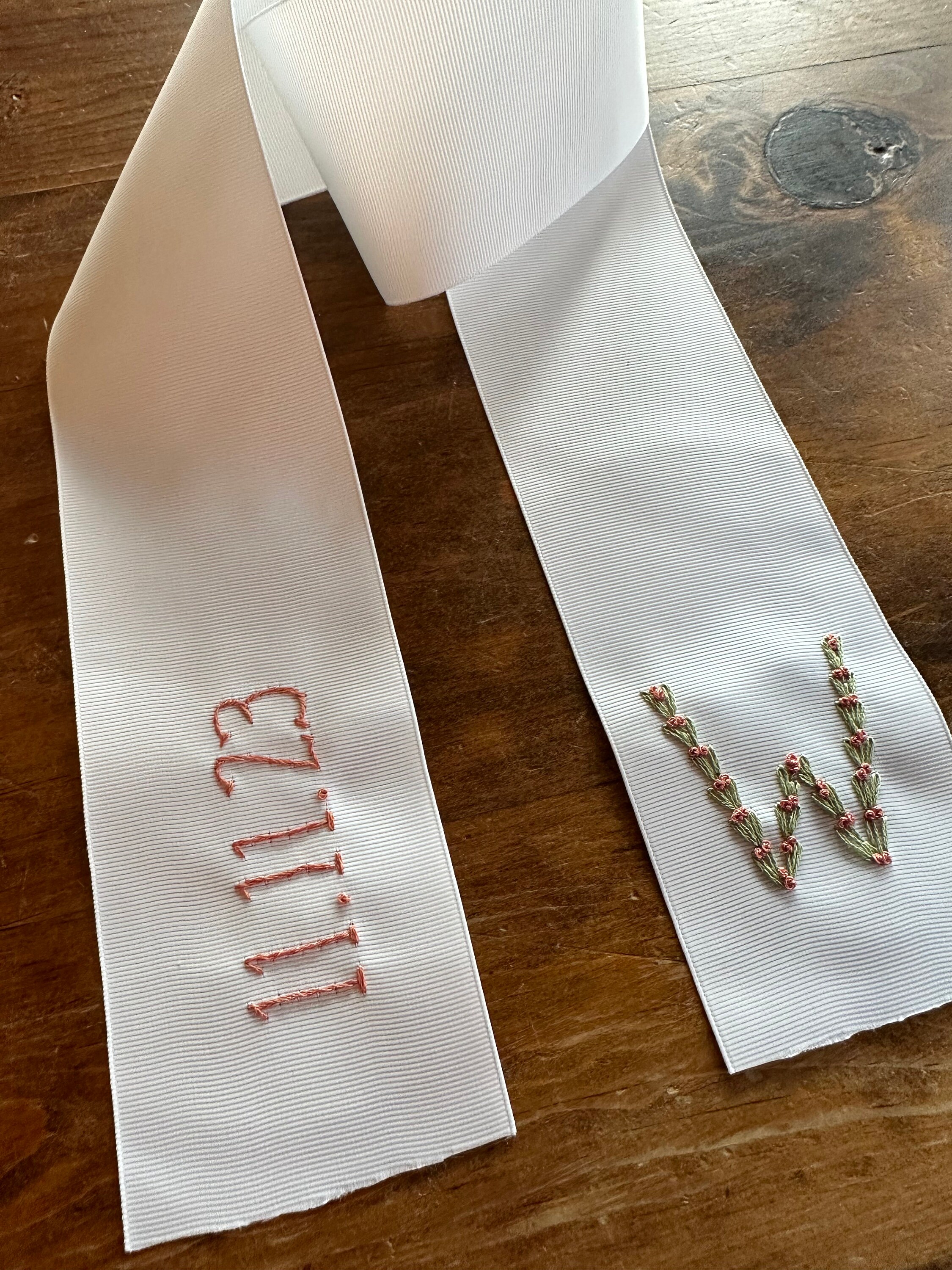 Custom Embroidered Floral Initial + Date Ribbon for Wedding Bouquet ...