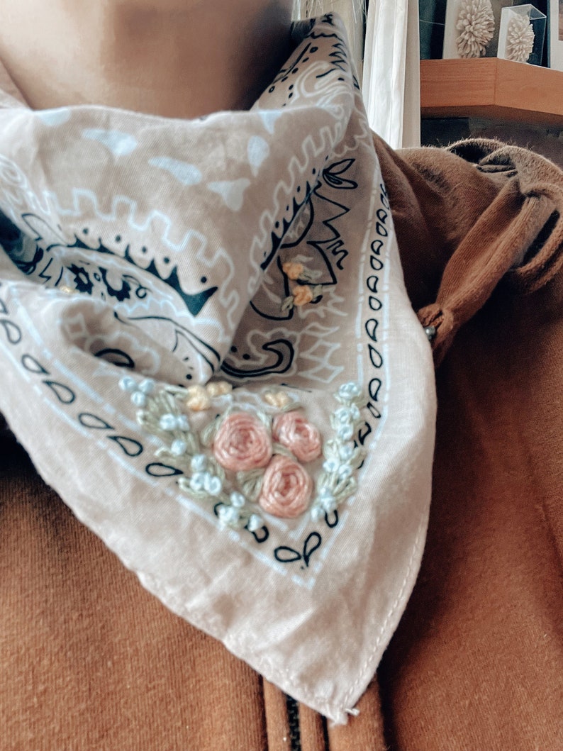 Tan/green/stone Blue/gray Bandana With Floral Embroidery - Etsy