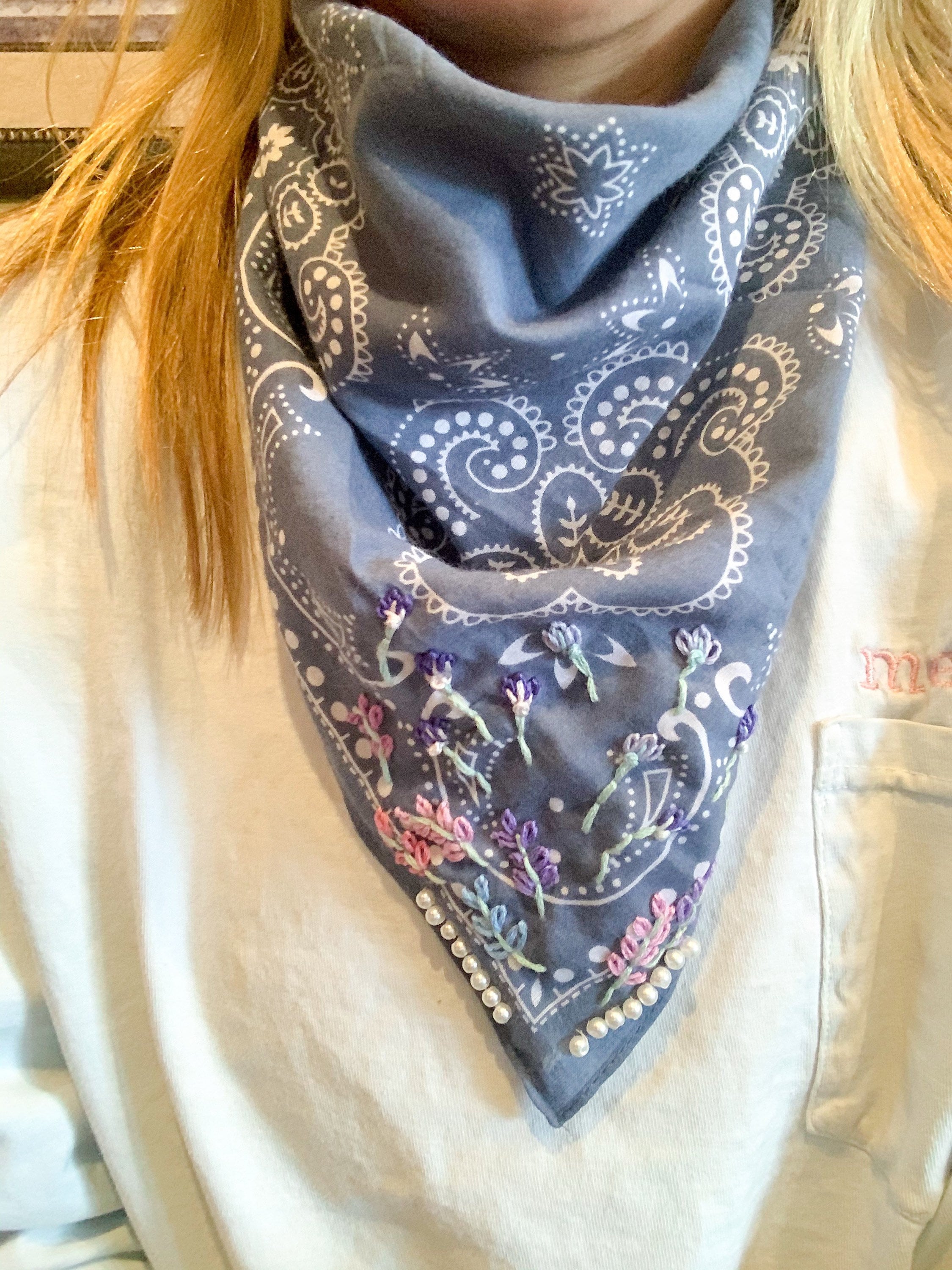 Embroidered Bandana With Flower Motifs and Pearls - Etsy