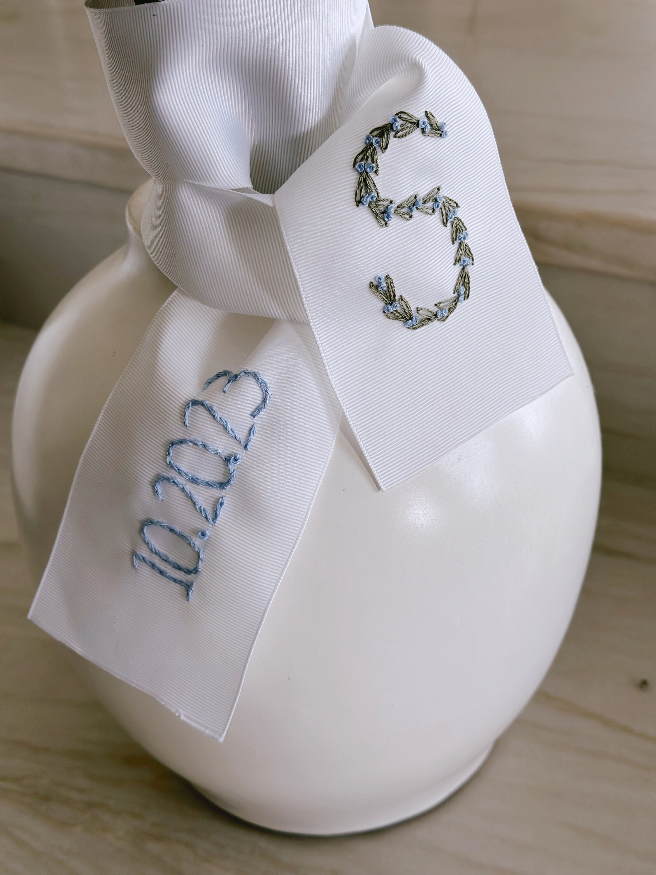 Custom Embroidered Floral Initial + Date Ribbon for Wedding Bouquet ...