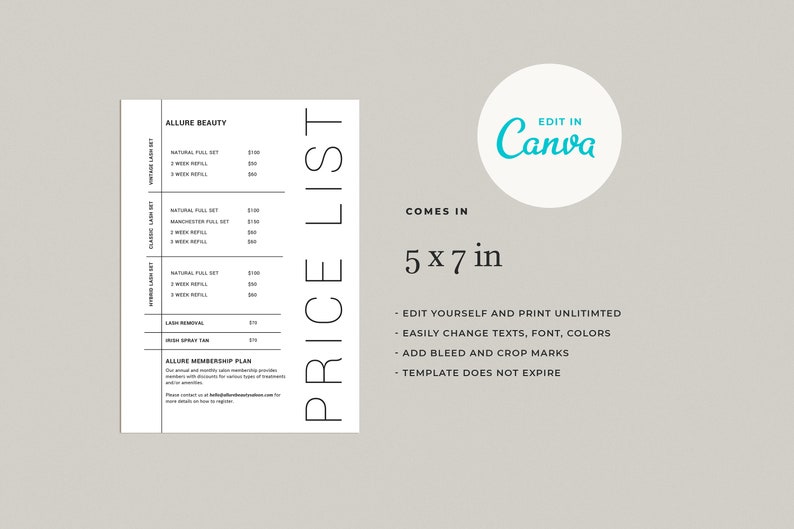 Minimalist Price List Template, Printable Price Sheet, DIY Pricing List ...