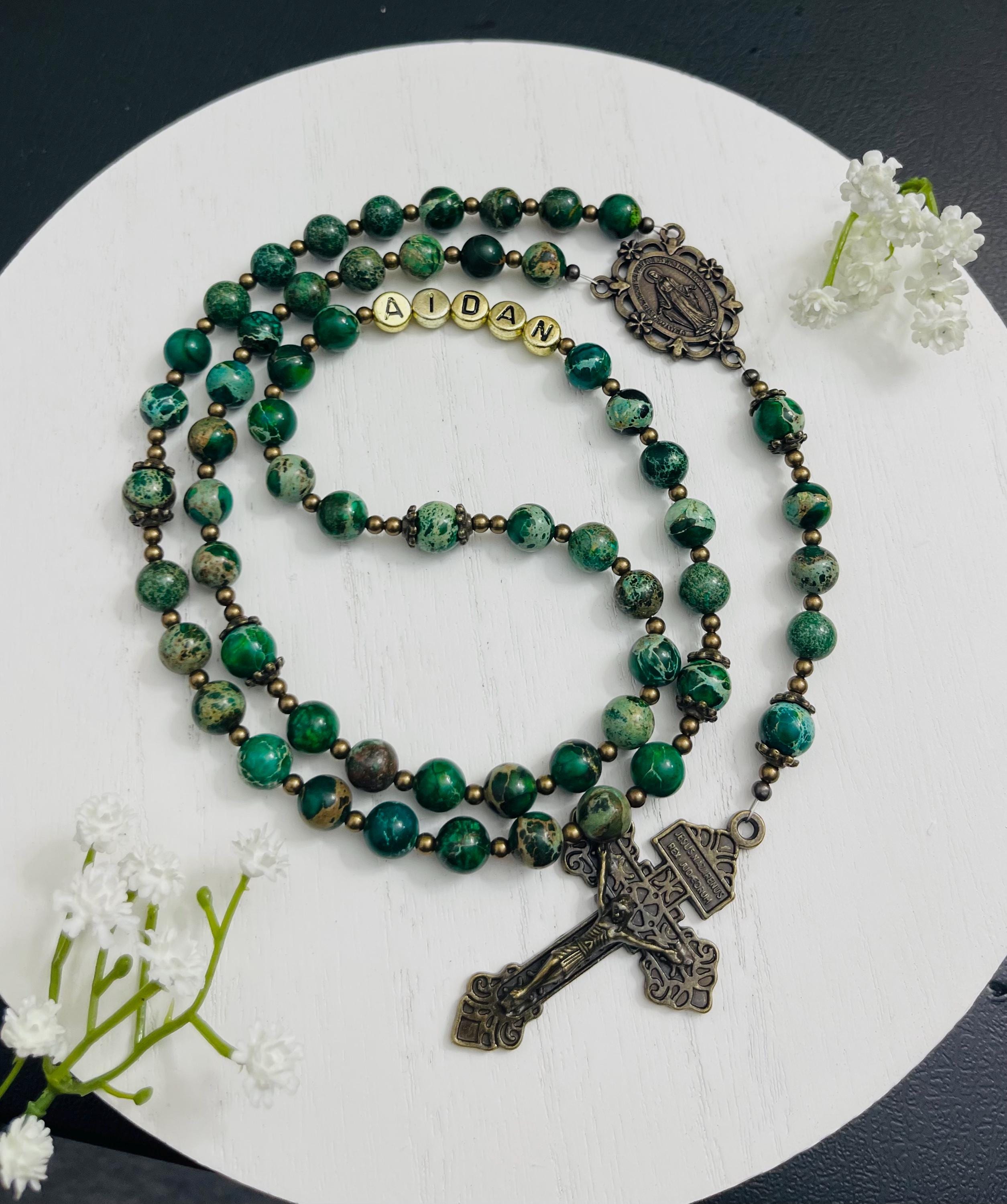 Emerald Jasper Stone Rosary: Personalized Catholic Gift, Miraculous ...