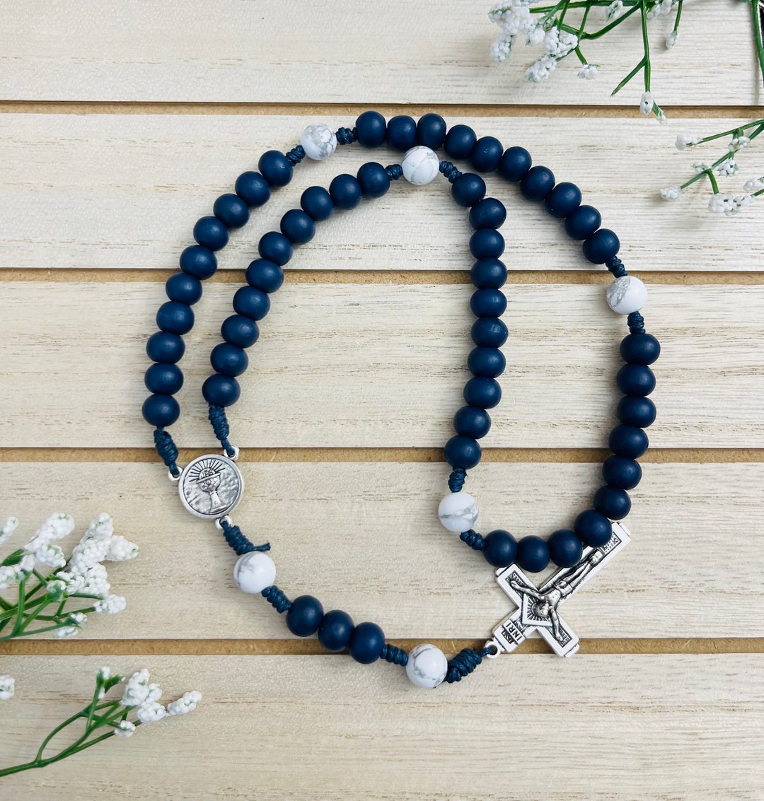 First Comunion Chalice and Host Navy Blue Wood Bead Personalized Rosary ...