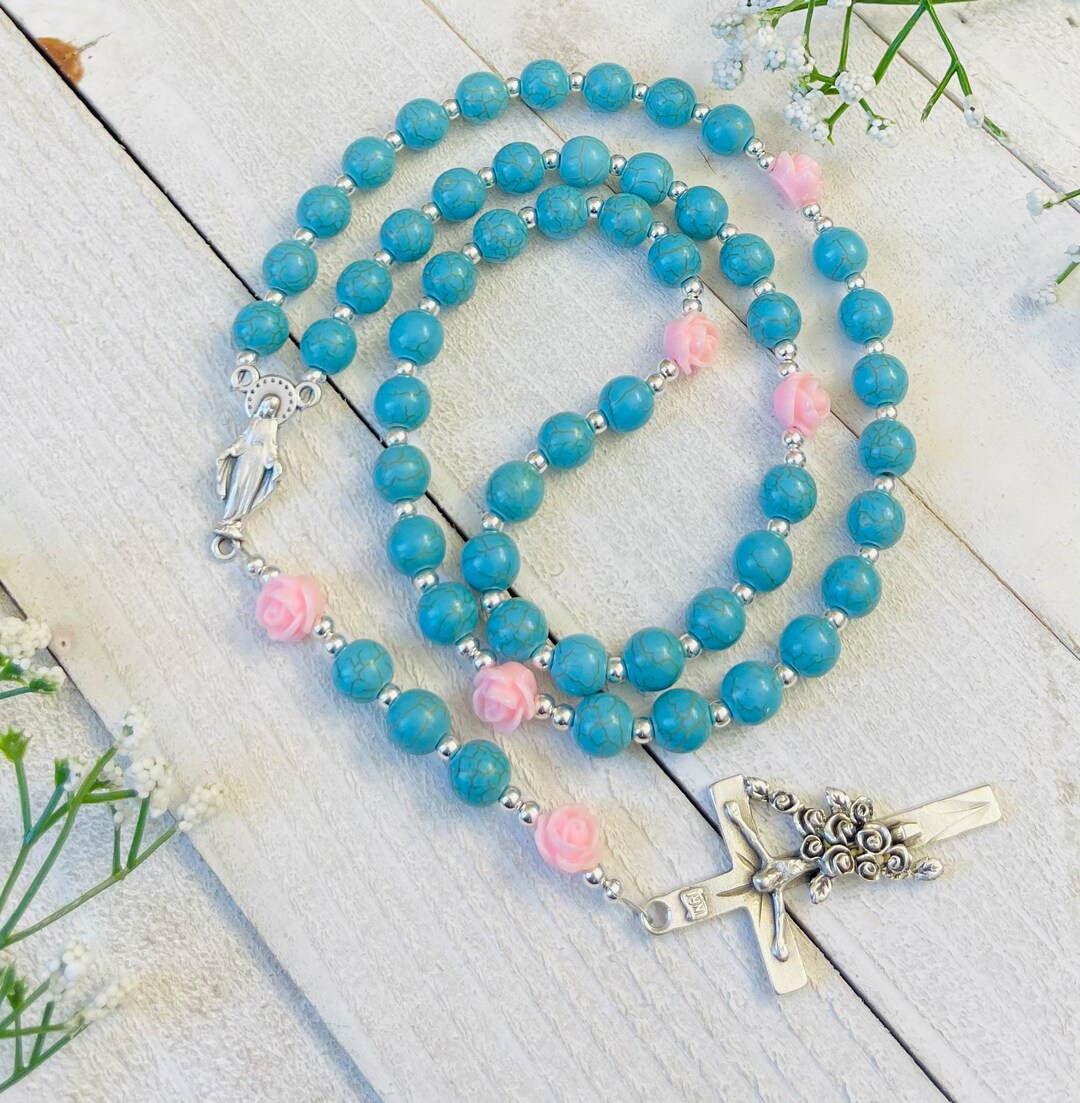 Personalized Rose Turquoise Rosary: Our Lady of Grace, Rose Crucifix - Etsy