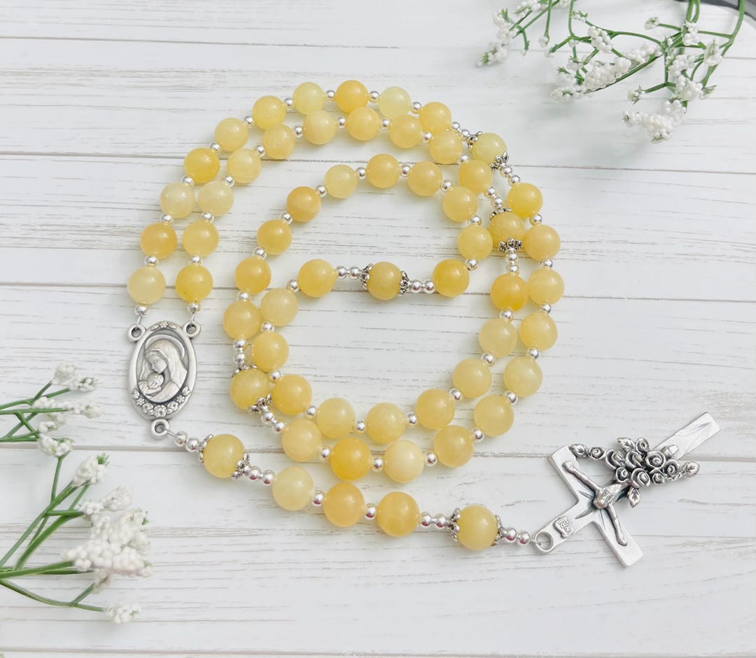 Yellow Jade Stone Personalized Rosary, Madonna, Catholic Rosary ...