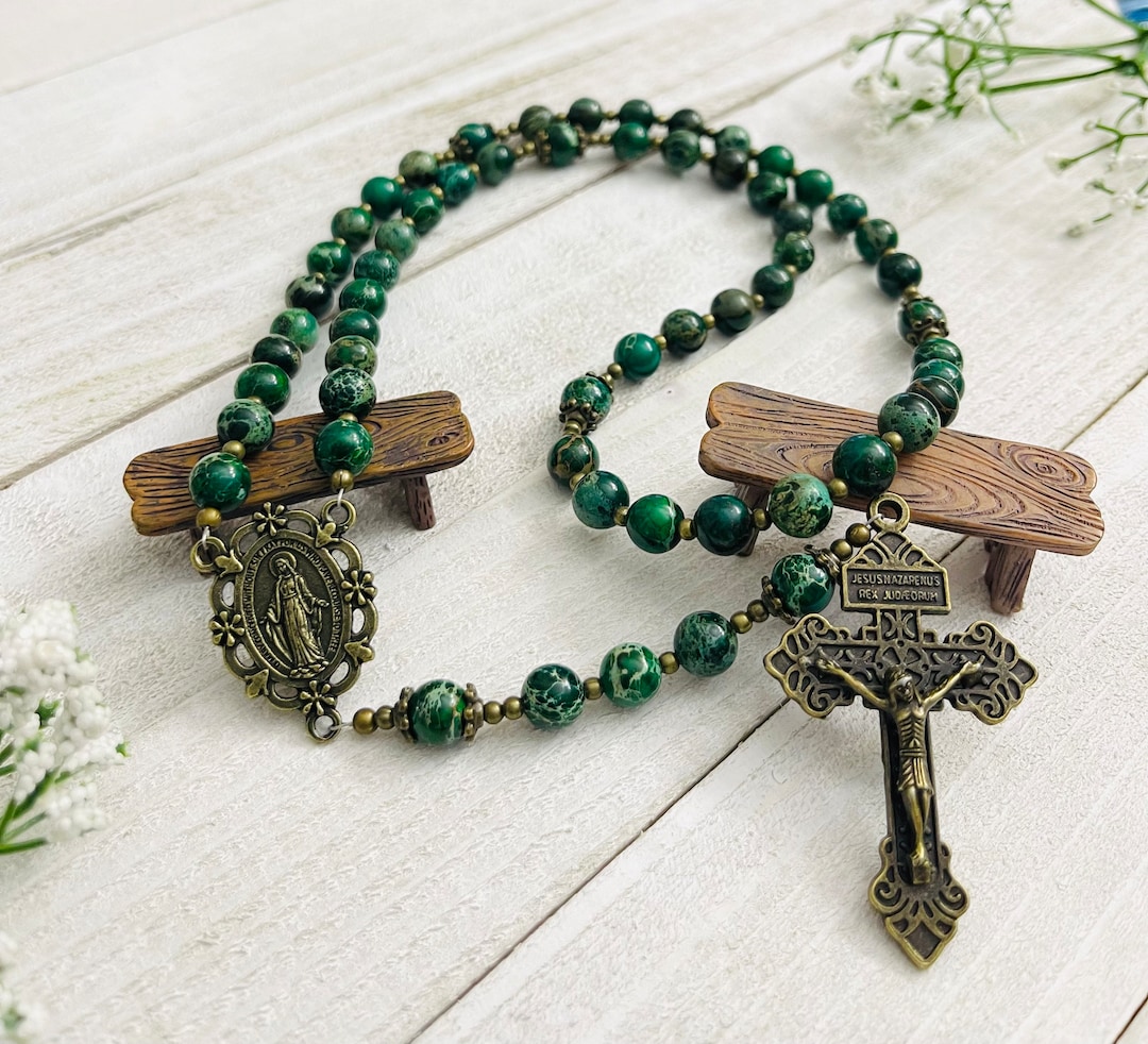 Emerald Jasper Stone Rosary: Personalized Catholic Gift, Miraculous ...