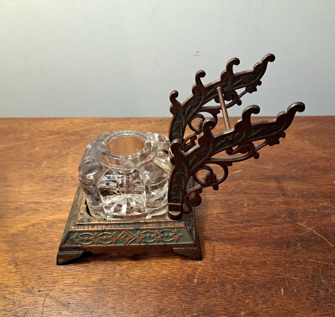 Antique Winged Cast Iron Ink Well With Heavy Glass Insert and - Etsy