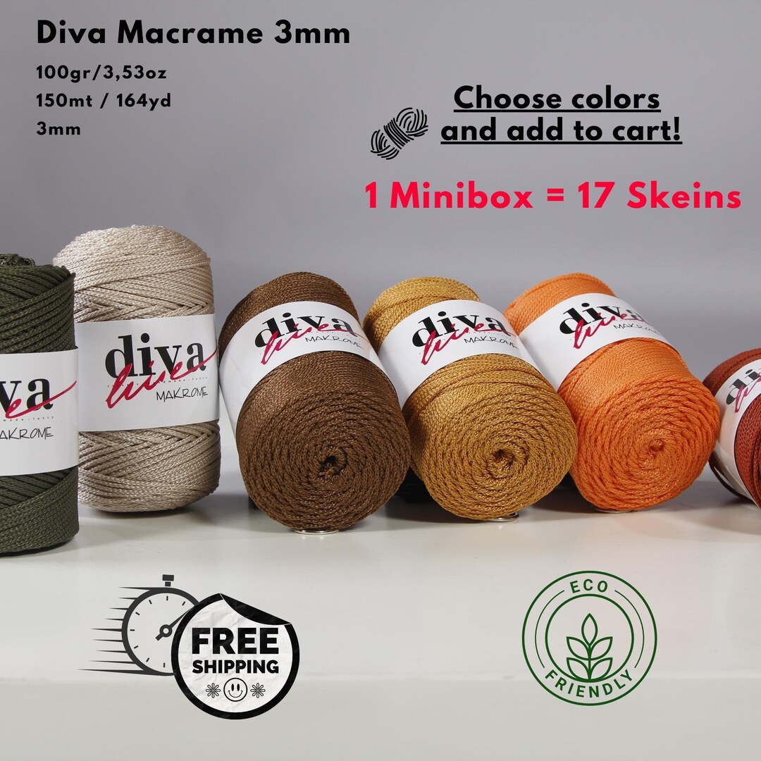 17x100g Macrame Rope 2mm, 100g, 150m, 490ft, 3.53oz, 164yd Diva Makrome ...