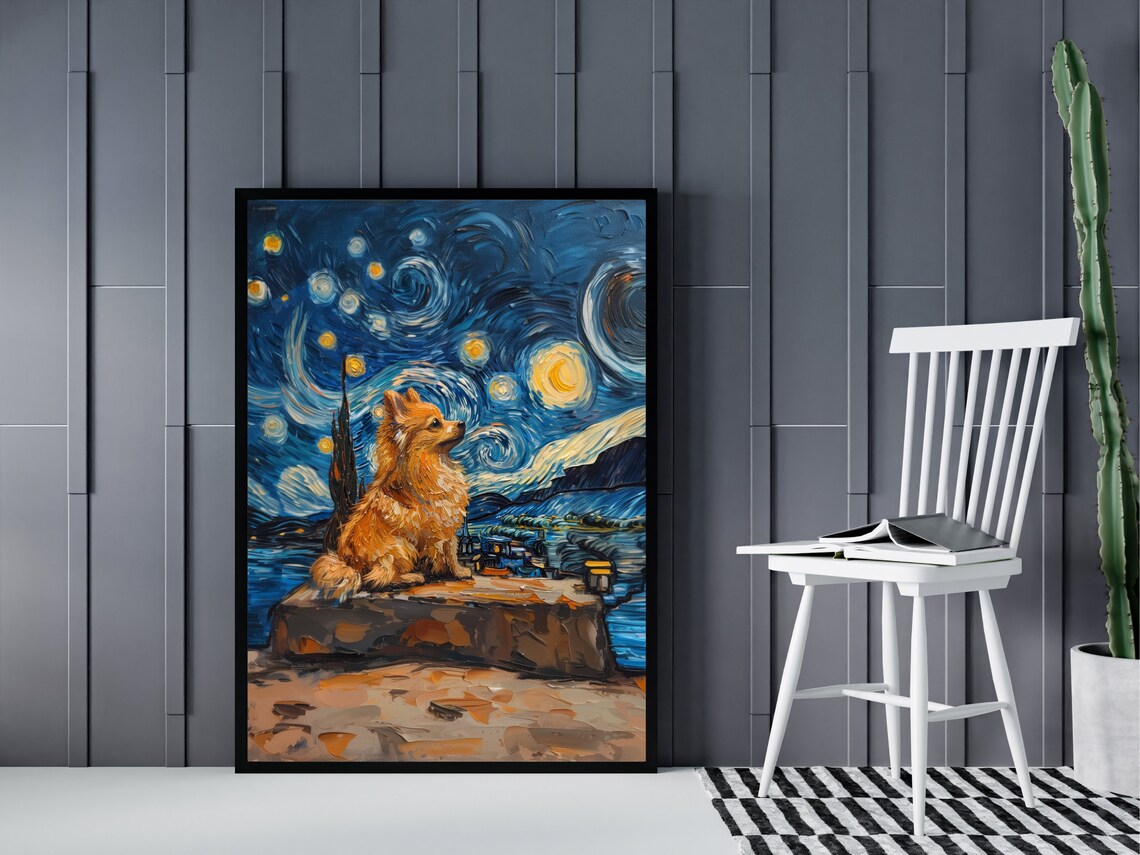 Starry Night Pomeranian Dog Digital Print, Cute Pommy Printable Poster ...