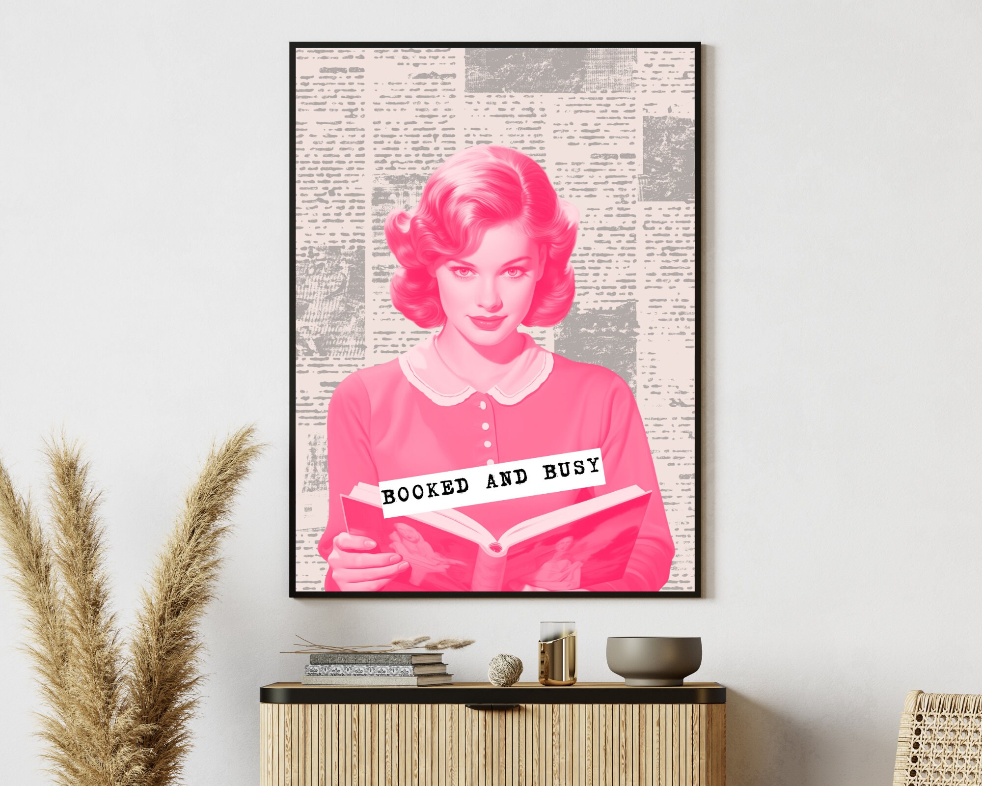 Pink 70s Style Digital Poster, Retro Booked & Busy Print, Vibrant ...