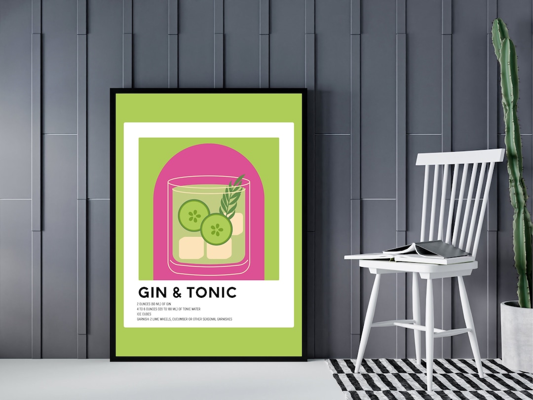 Gin & Tonic Cocktail Recipe Digital Poster for Bar Cart Home Decor ...
