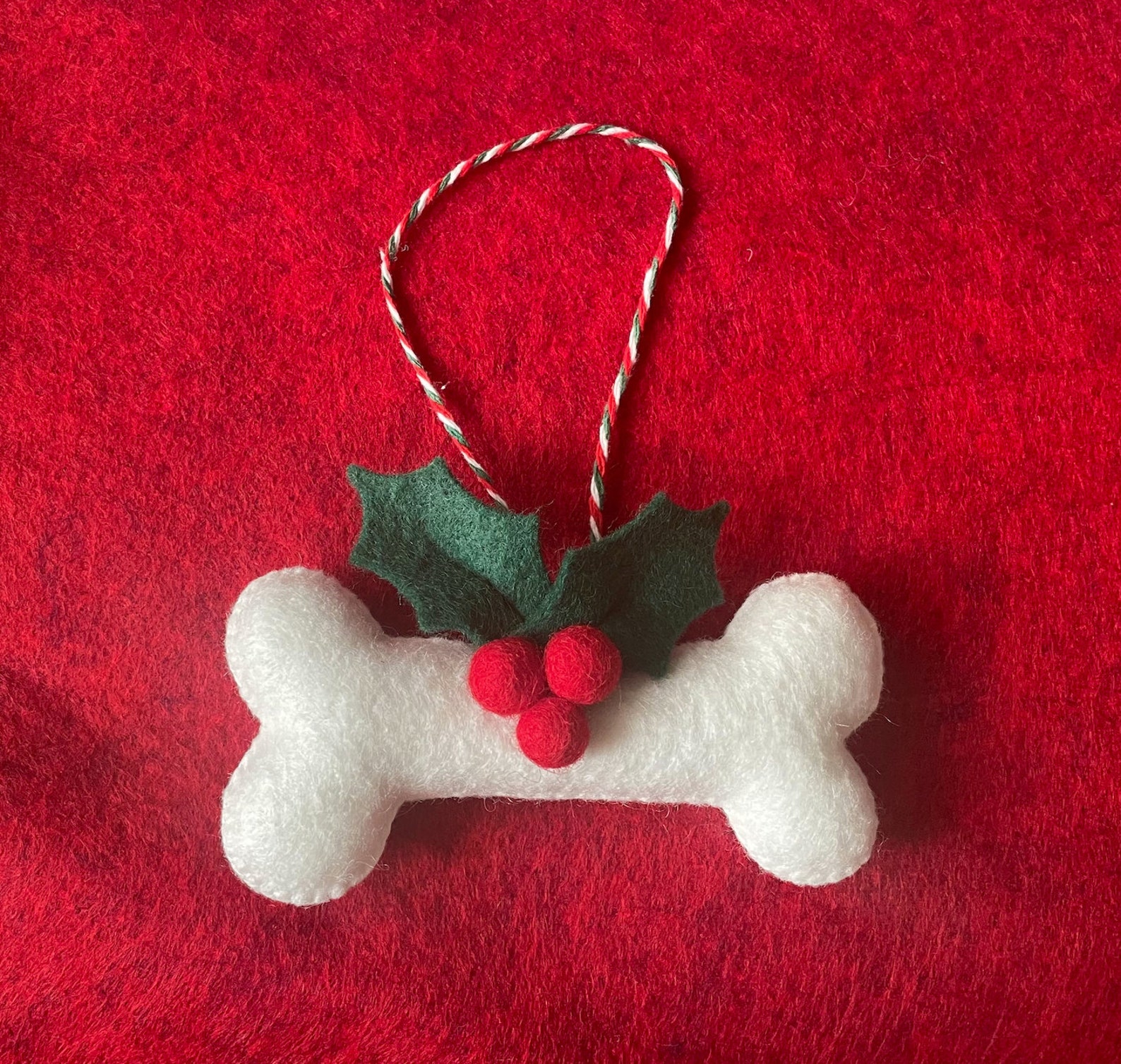 Felt Dog Bone Christmas Ornament With Holly, Dog Ornament, Dog ...