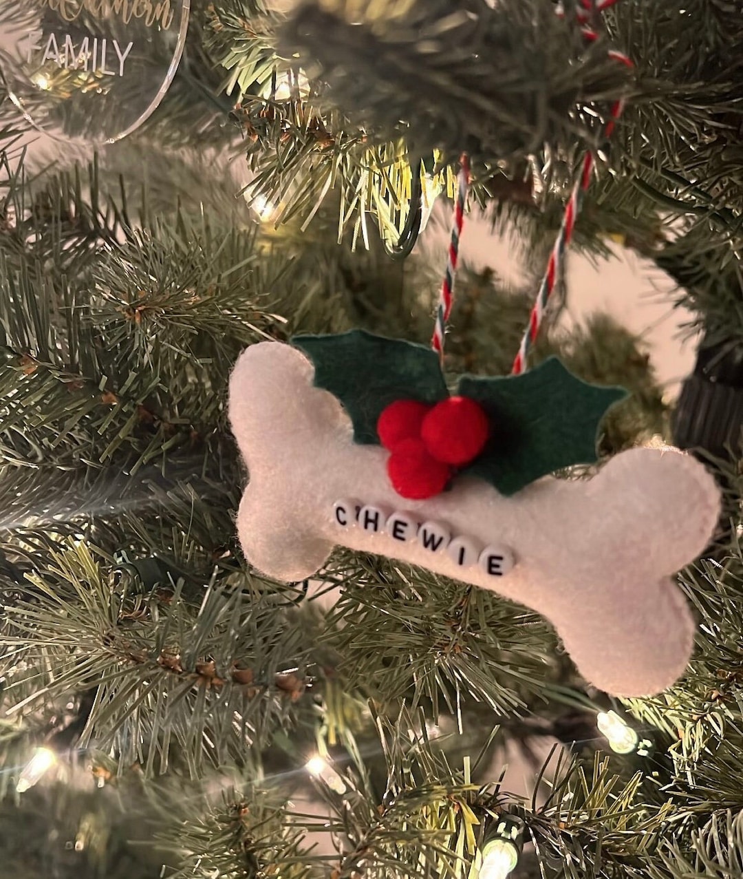 Felt Dog Bone Christmas Ornament With Holly, Dog Ornament, Dog ...