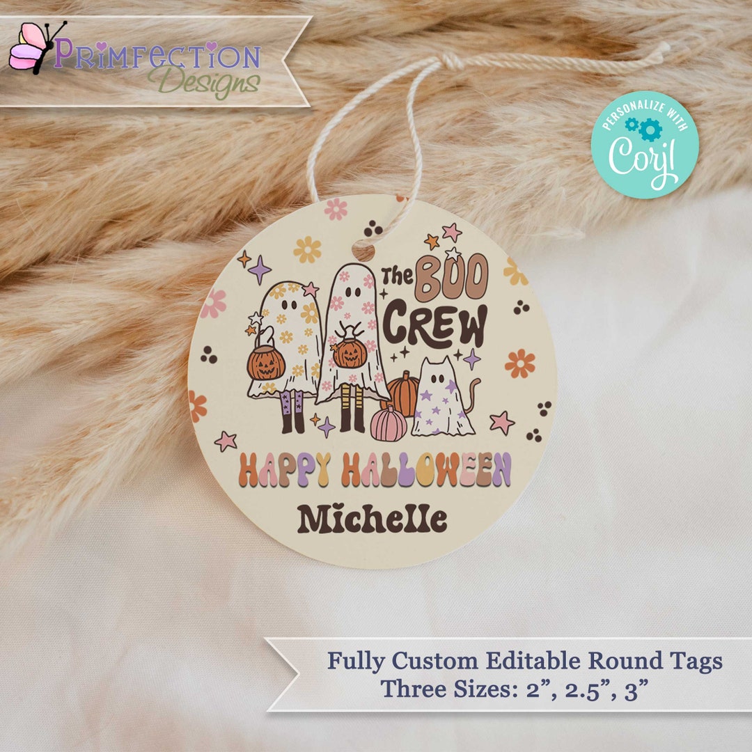 Round Retro Halloween Tag Printable Girl Birthday Party Favor Tag BOO ...