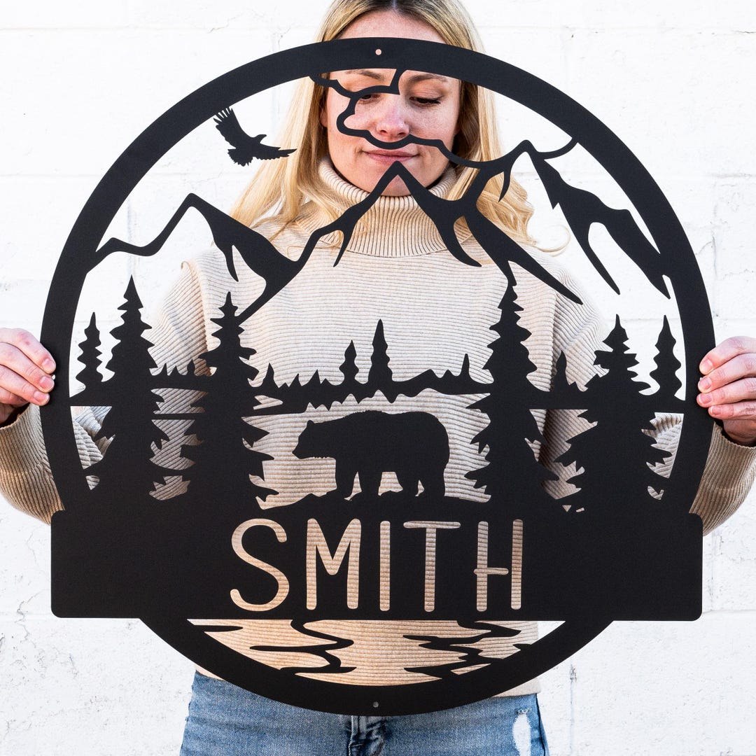 Wilderness Bear Cabin Sign, Mountain Decor Personalized Metal Bear Sign ...