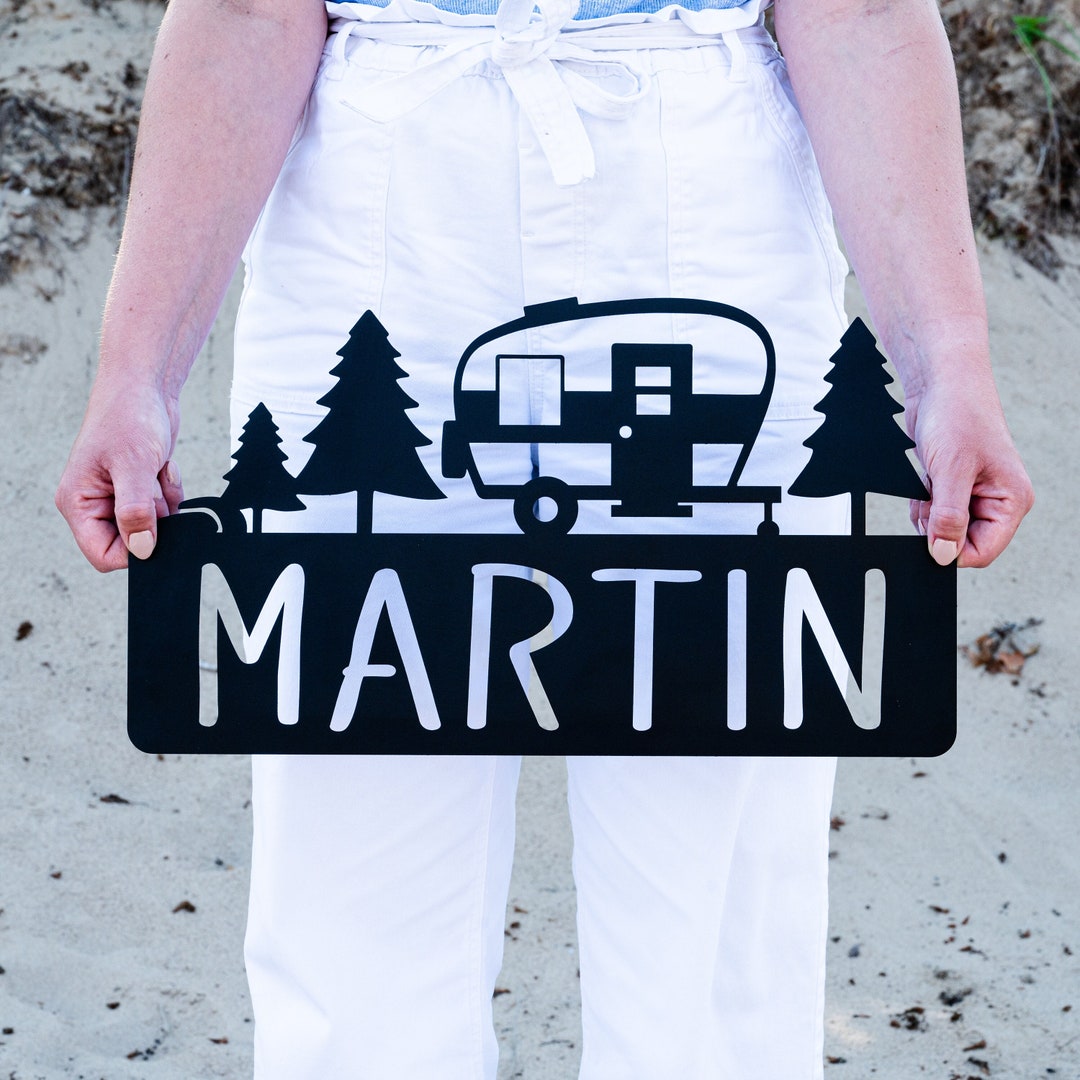 Metal Retro Camper Plaque With Trees | Personalized Camper Decor ...