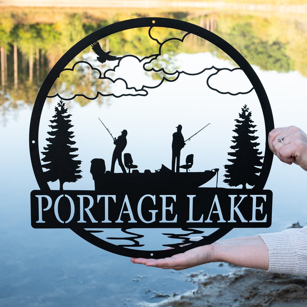 Metal Fishing Boat Scene Name Sign | Outdoor Cabin Decor | Fishing Gift ...