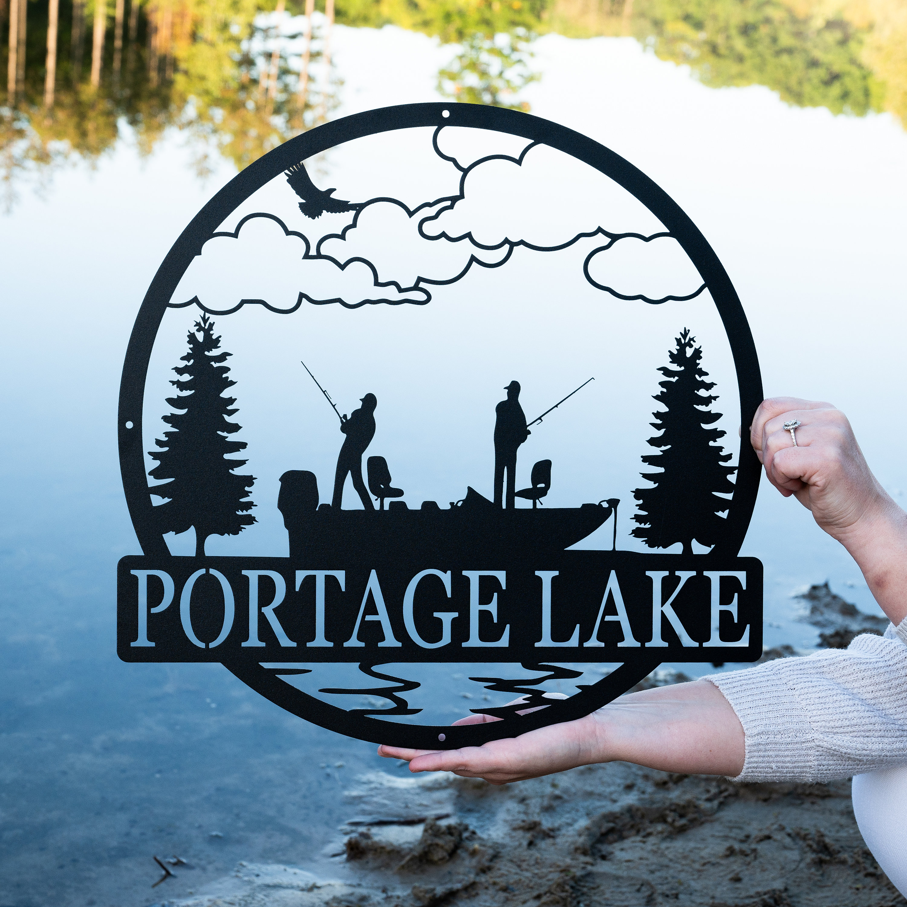 Metal Fishing Boat Scene Name Sign | Outdoor Cabin Decor | Fishing Gift ...