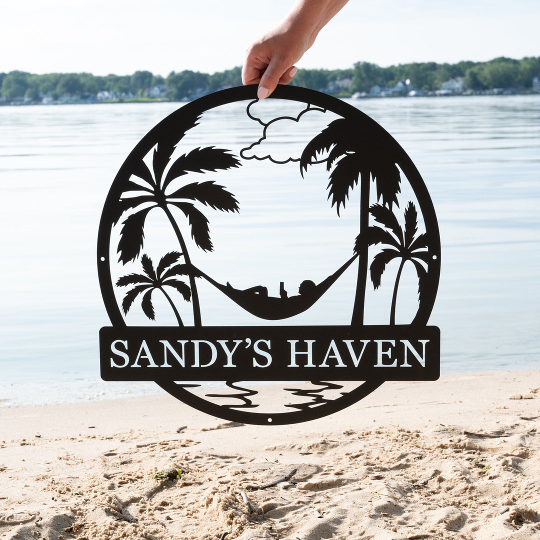 Custom Metal Outdoor Hammock Sign | Beach Palm Tree Hammock Relax Round ...