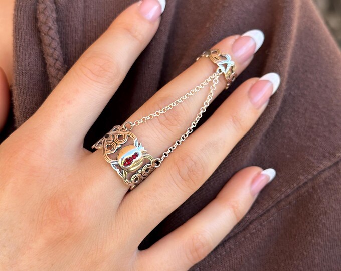 Pomegranate Soul Ring. Double Band Ring. Chain Ring. Persephone Ring ...