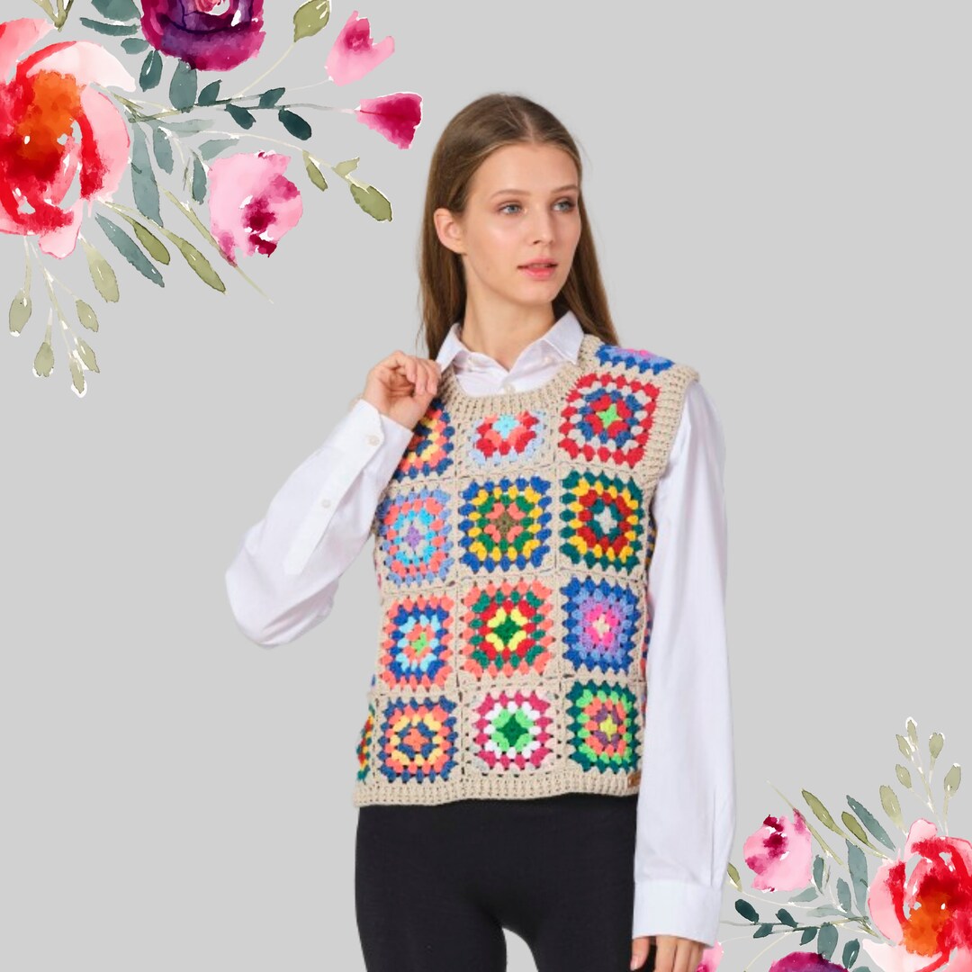 Patchwork Sweater,granny Square Sweater,granny Square Vest,knit Sweater ...