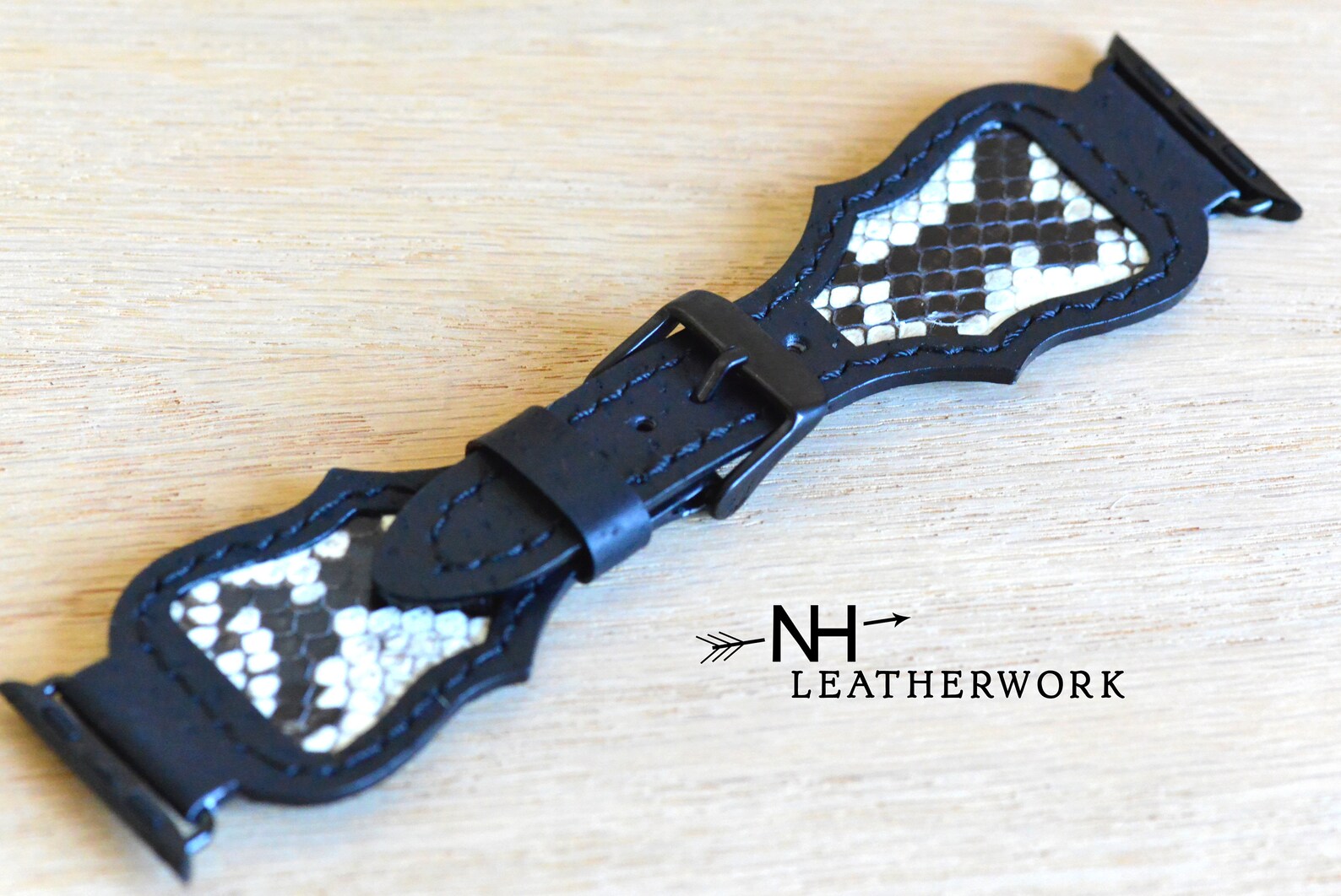 Leather Watch Band Strap Black and White Real Snake Inlay - Etsy
