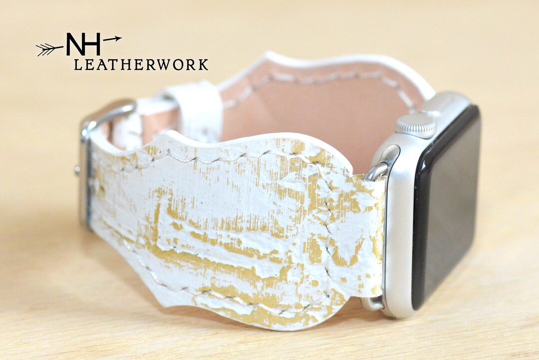 Leather Watch Band Strap, Fancy White and Gold Driftwood Embossed Apple ...