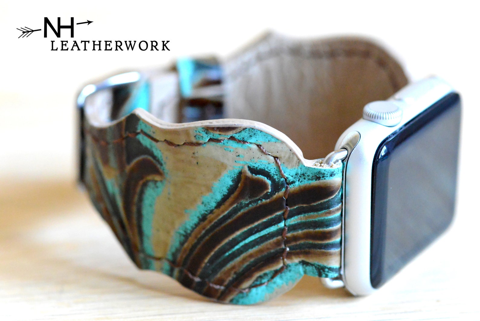 Leather Watch Band Strap Fancy Turquoise and Tan Floral for - Etsy