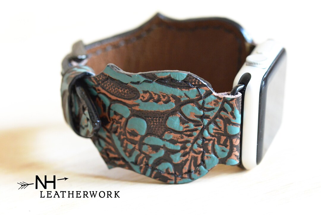 Leather Watch Band Strap, Fancy Turquoise and Black Floral Embossed for ...