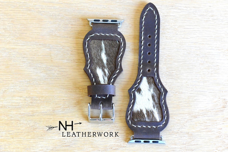 Leather Watch Band Strap, Hair on Hide Inlay With Chocolate Oil Tan ...