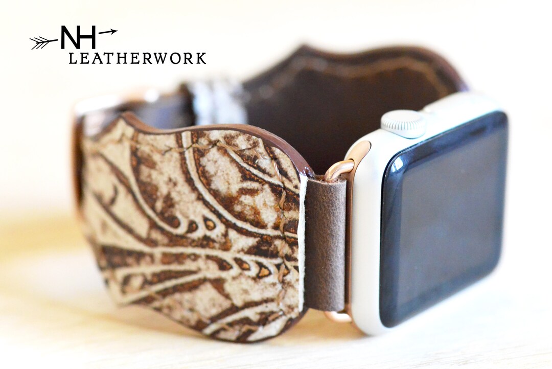 Leather Watch Band Strap Fancy Dark Chocolate Ivory Floral for Apple ...
