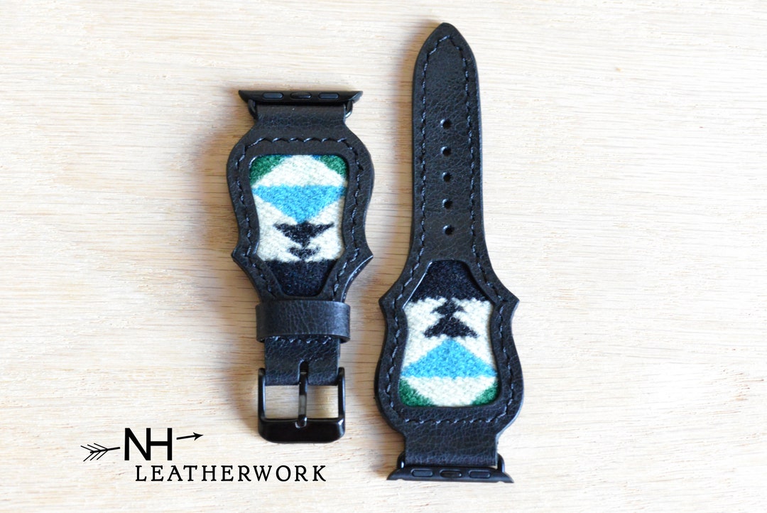 Leather Watch Band Pendleton Wool Black and Turquoise Arrow Inlay for ...