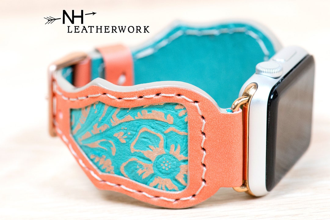 Leather Watch Band Strap, Coral and Turquoise Floral Inset for Apple ...