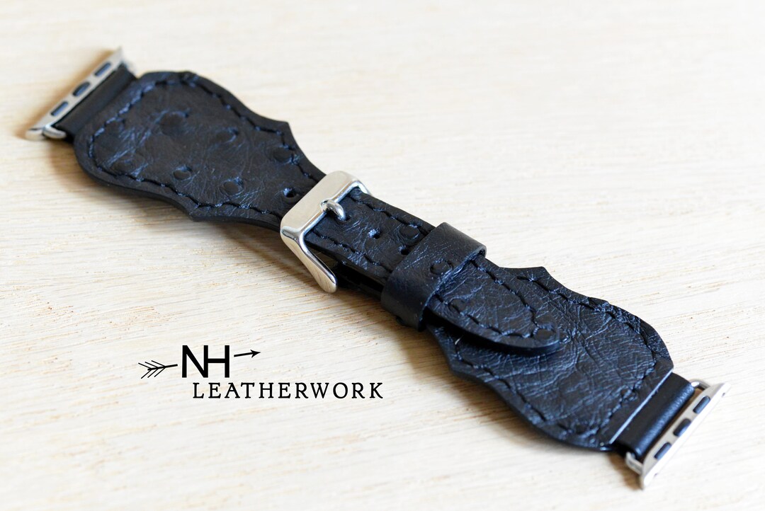 Leather Watch Band Strap, Fancy Black Ostrich and Kangaroo Hide Apple ...